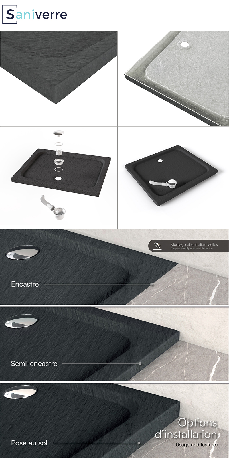 SHIMMER STONE Receveur de douche + siphon couleur - Gris, Modèle - 90 x ...